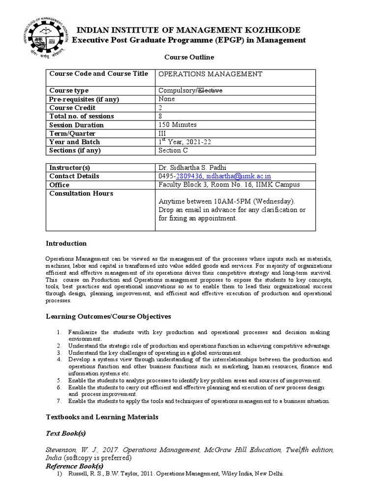 EPGP-13 OM Course Outline - Sec C | PDF | Operations Management | Business