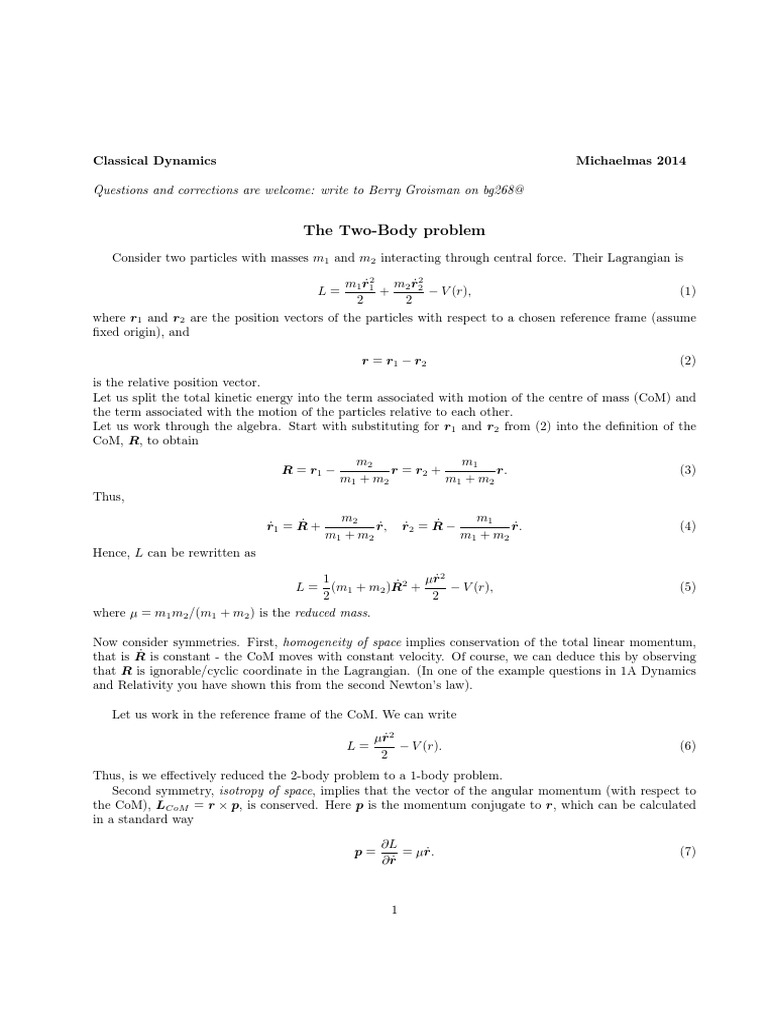 The Two-Body Problem: Classical Dynamics Michaelmas 2014 | PDF ...