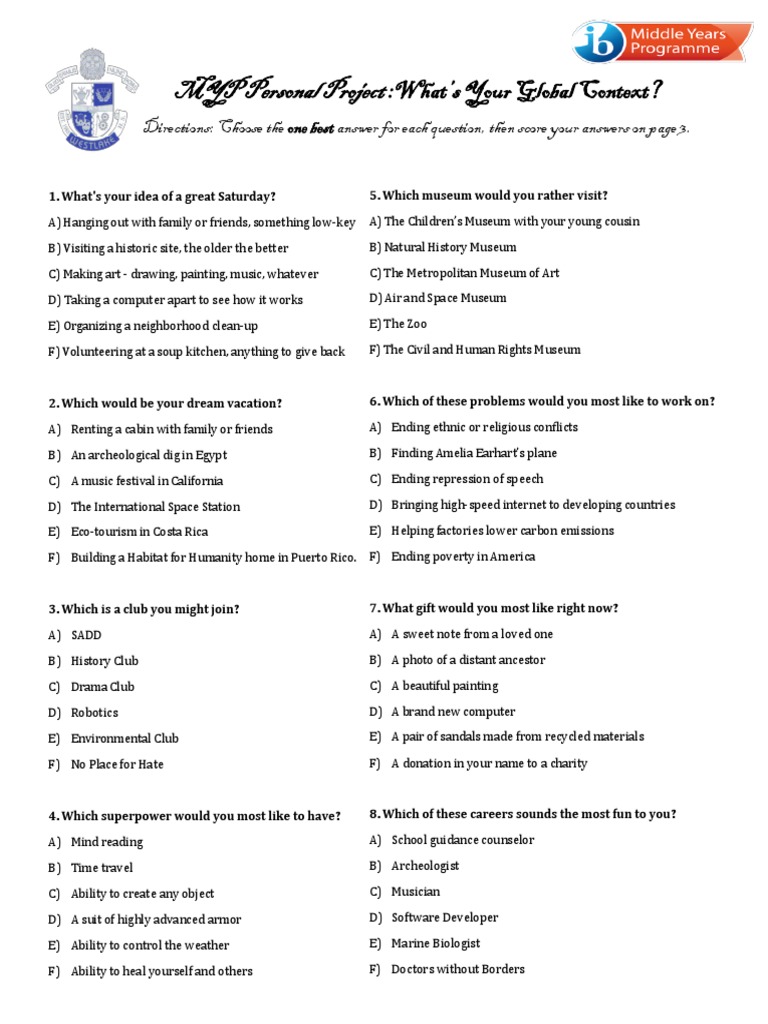 MYP Personal Project Global Contexts Guide | PDF | Sustainability | Human
