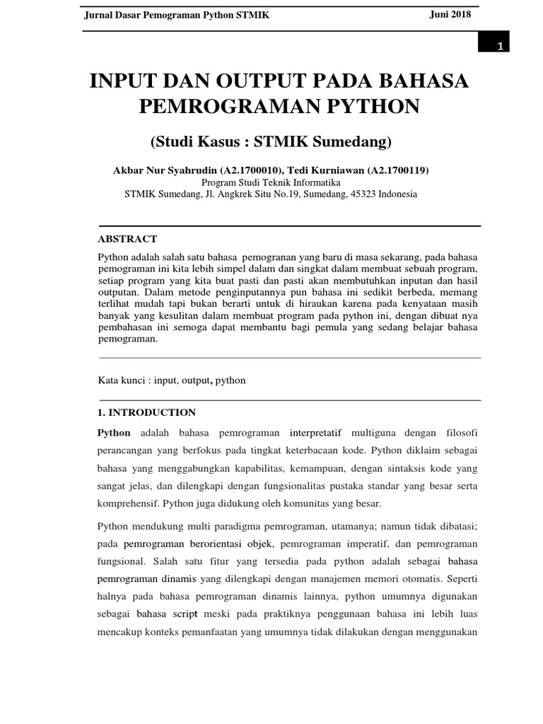 Input Dan Output Pada Bahasa Pemrograman Python: (Studi Kasus: STMIK ...