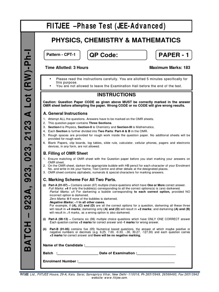 Fiitjee Phase Test 1 Paper | PDF | Force | Acceleration