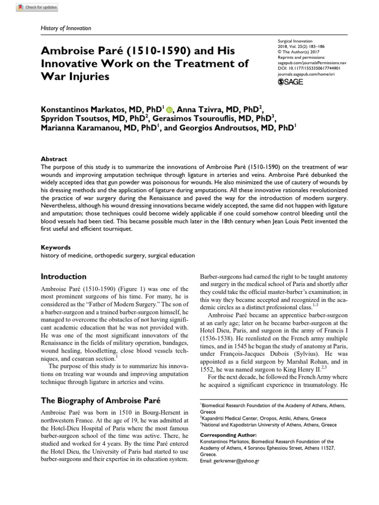 Ambroise Paré (1510-1590) and His Innovative Work on the Treatment of ...