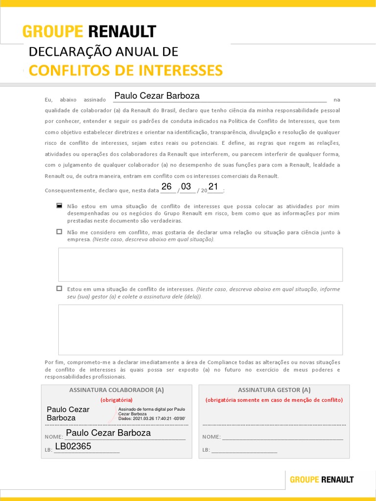 Declaração de Conflito de Interesses 2021 - Paulo | PDF | Business