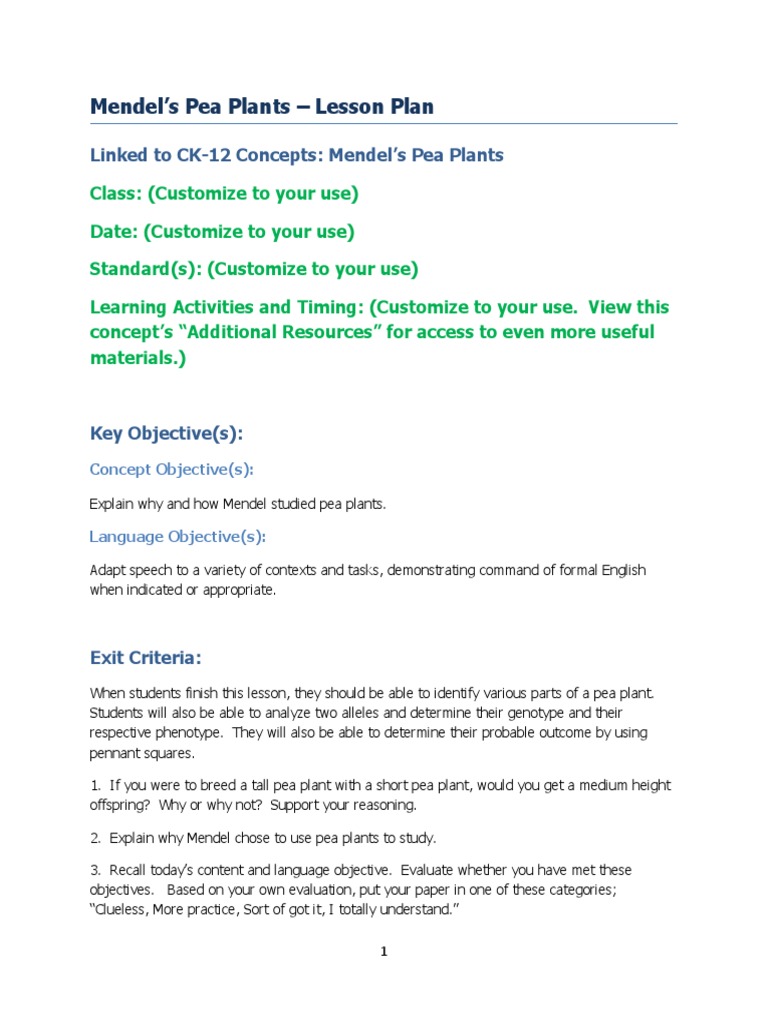 Mendel Spea Plants Lesson Plan | Dominance (Genetics) | Heredity