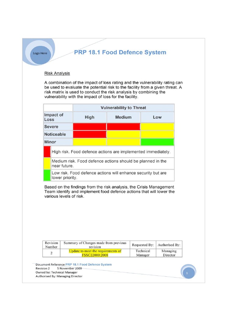 PRP 18.1 Food Defence Risk Assessment | PDF