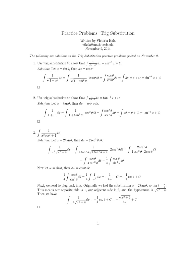 Practice Problems: Trig Substitution | PDF | Mathematics | Complex Analysis