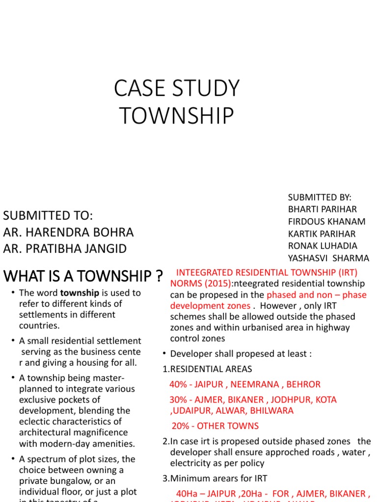 Case Study Township: Submitted To: Ar. Harendra Bohra Ar. Pratibha ...