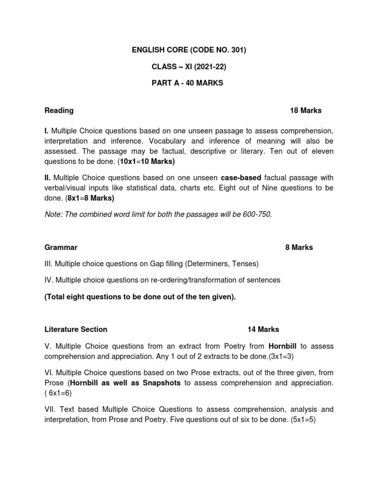 CBSE Class 11 English Core 2021-22 | PDF | Reading Comprehension | Question