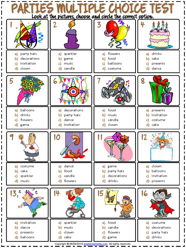 Parties Vocabulary Esl Multiple Choice Test For Kids | PDF