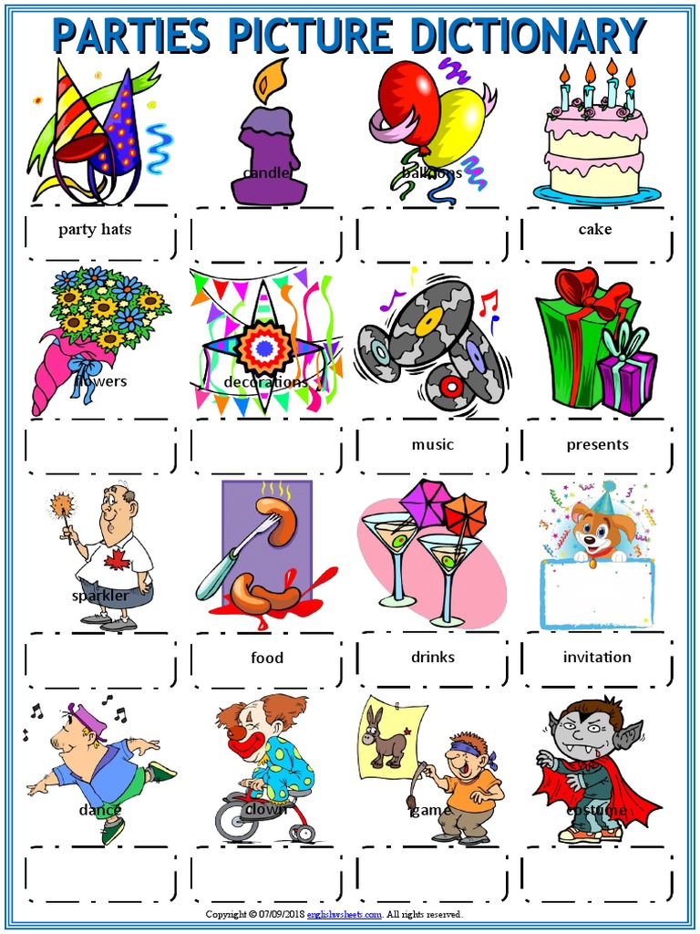 Parties Vocabulary Esl Picture Dictionary Worksheet For Kids | PDF