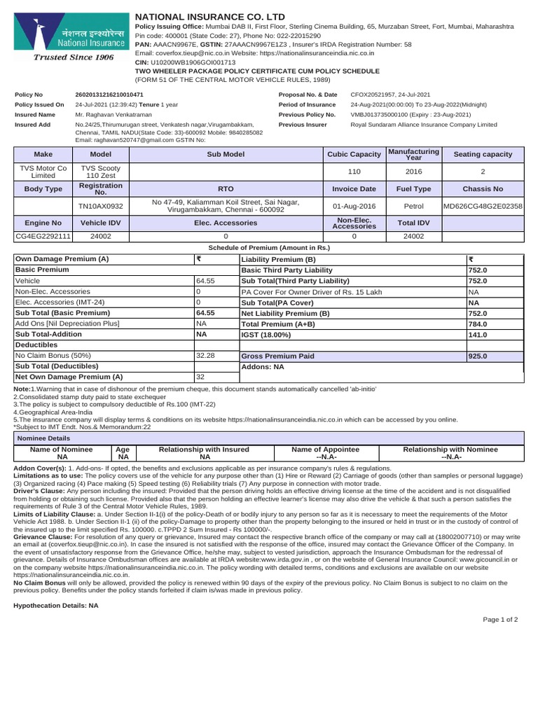 Policy No 26020131216210010471 Proposal No. & Date Policy Issued On ...