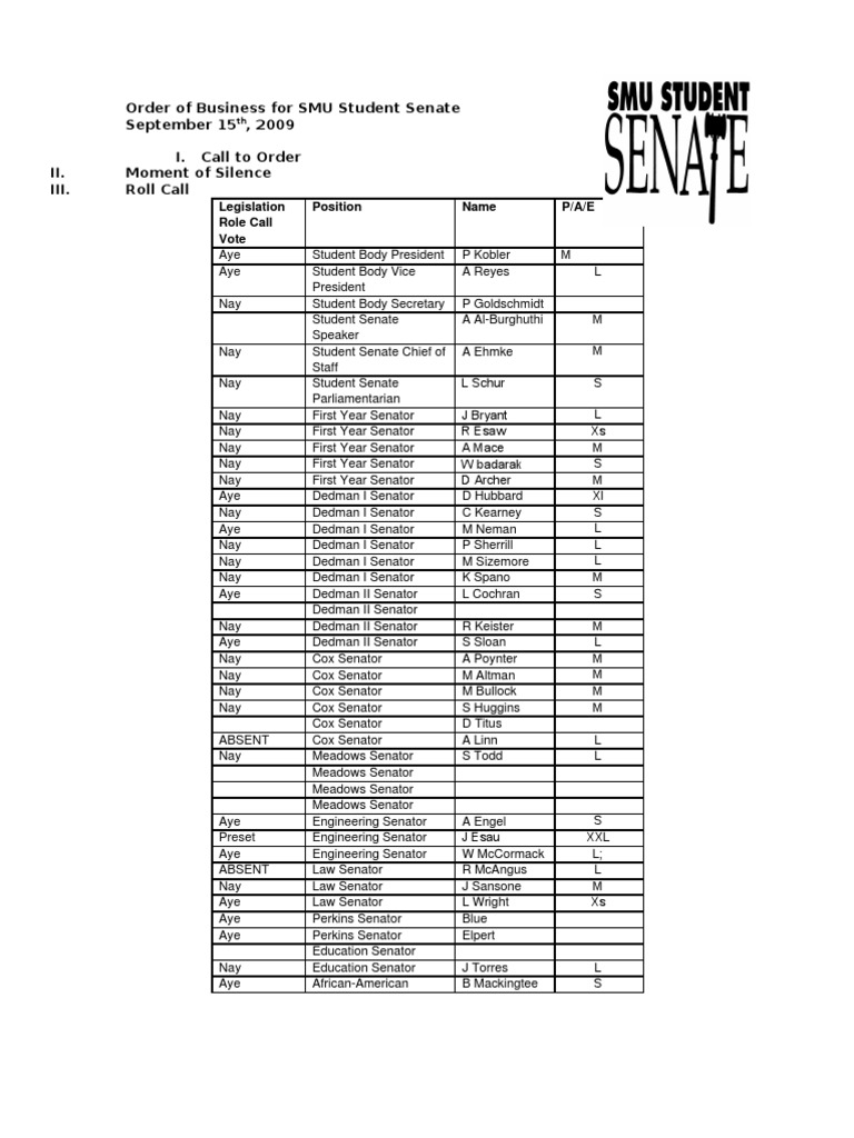 Order of Business For SMU Student Senate September 15, 2009 I. Call To ...