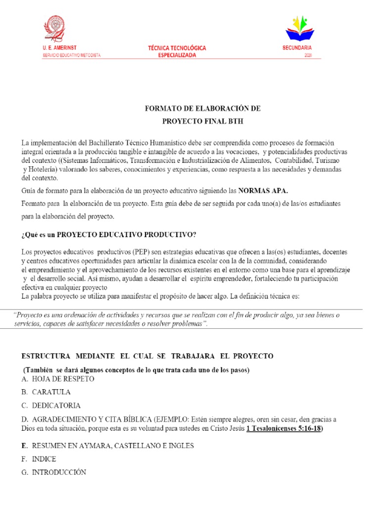 TÉCNICA TECNOLÓGICA ESPECIALIZADA FORMATO DE ELABORACIÓN DE PROYECTO FINAL BTH | PDF