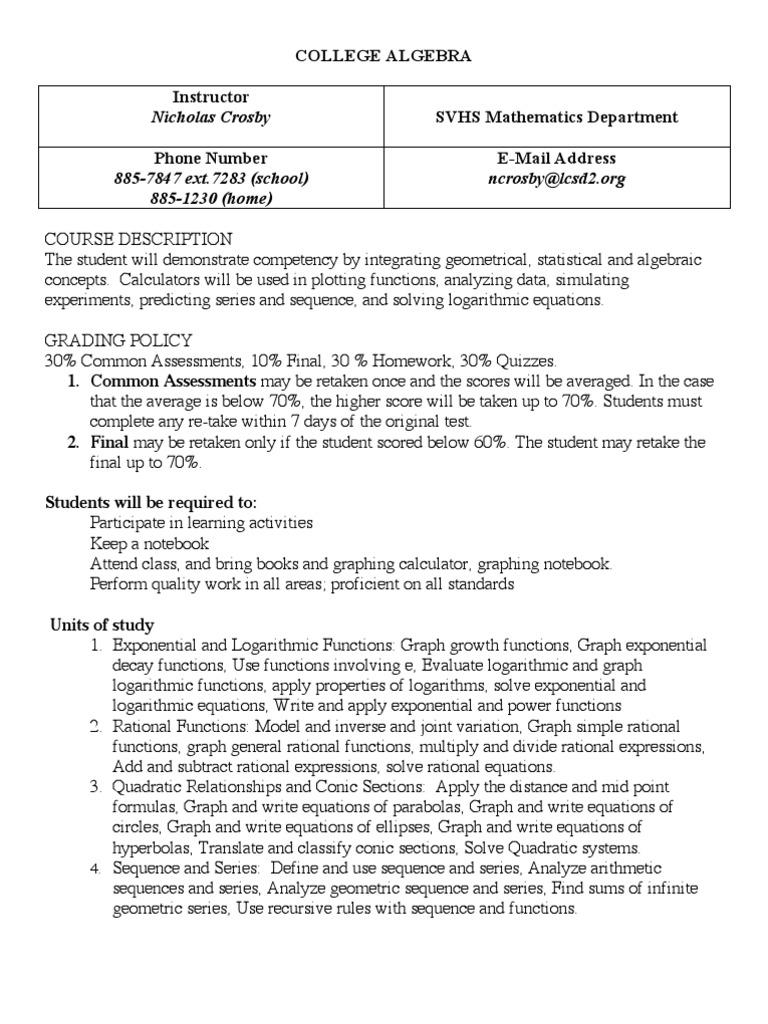 College Algebra Syllabus | PDF | Equations | Logarithm