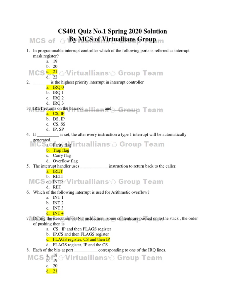 CS401 Quiz 1 by MCS of Virtuallians | PDF | Process (Computing) | Central Processing Unit