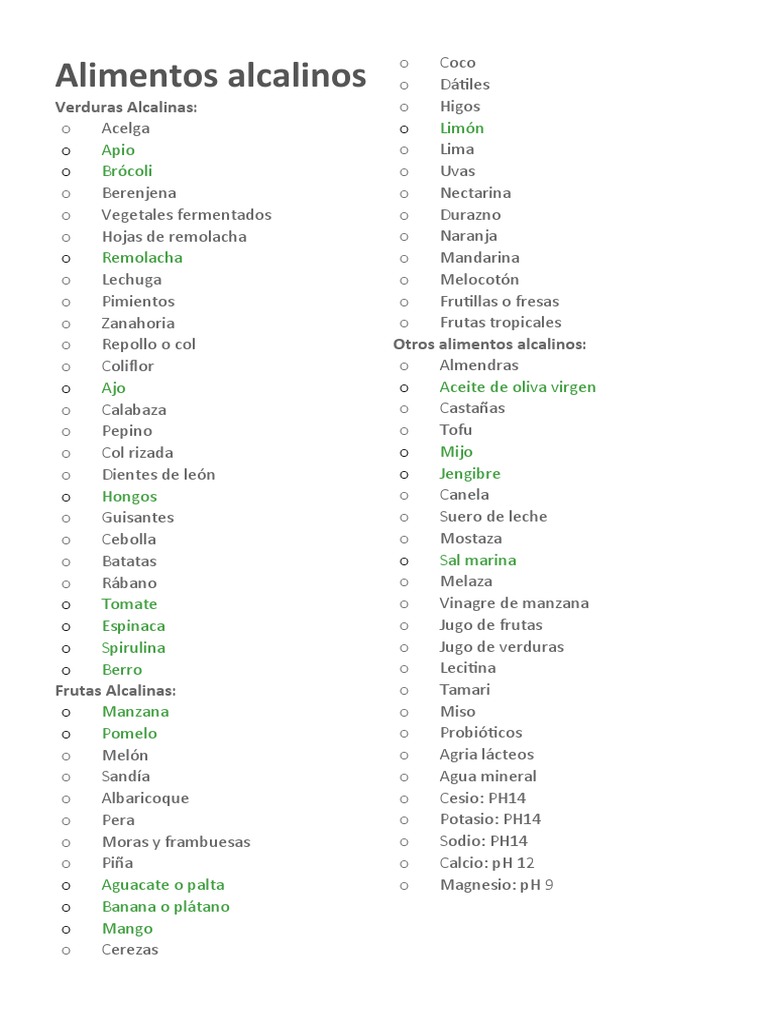 Alimentos Alcalinos Lista | PDF | Alimentos | Vegetales