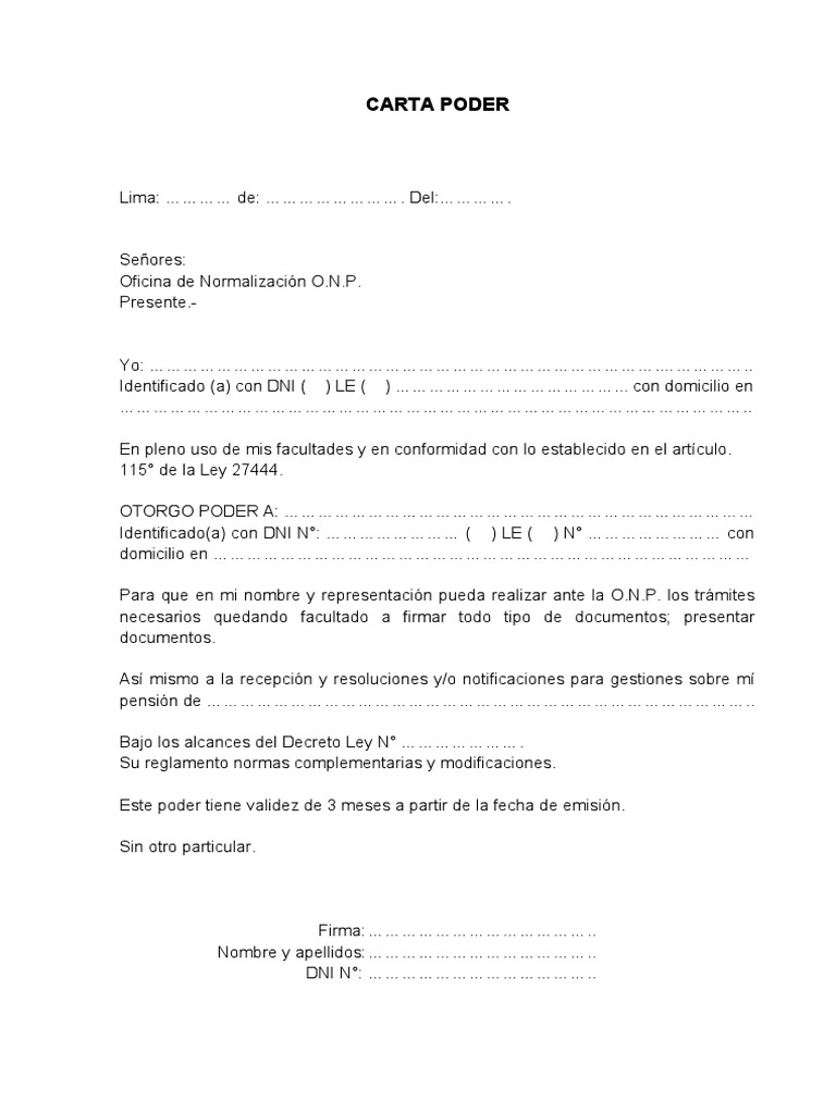 Modelo de Carta Poder para ONP | PDF | Finanzas y dinero | Ciencias ...