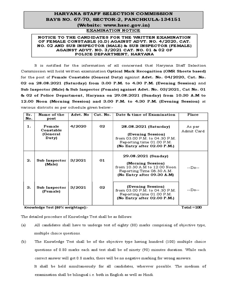 Haryana Staff Selection Commission BAYS NO. 67-70, SECTOR-2, PANCHKULA ...