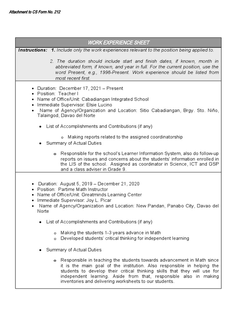 CS Form No. 212 Attachment Work Experience Sheet | PDF | Learning ...