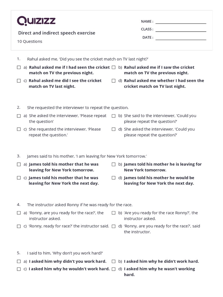 Direct and Indirect Speech Exercises | PDF | Question
