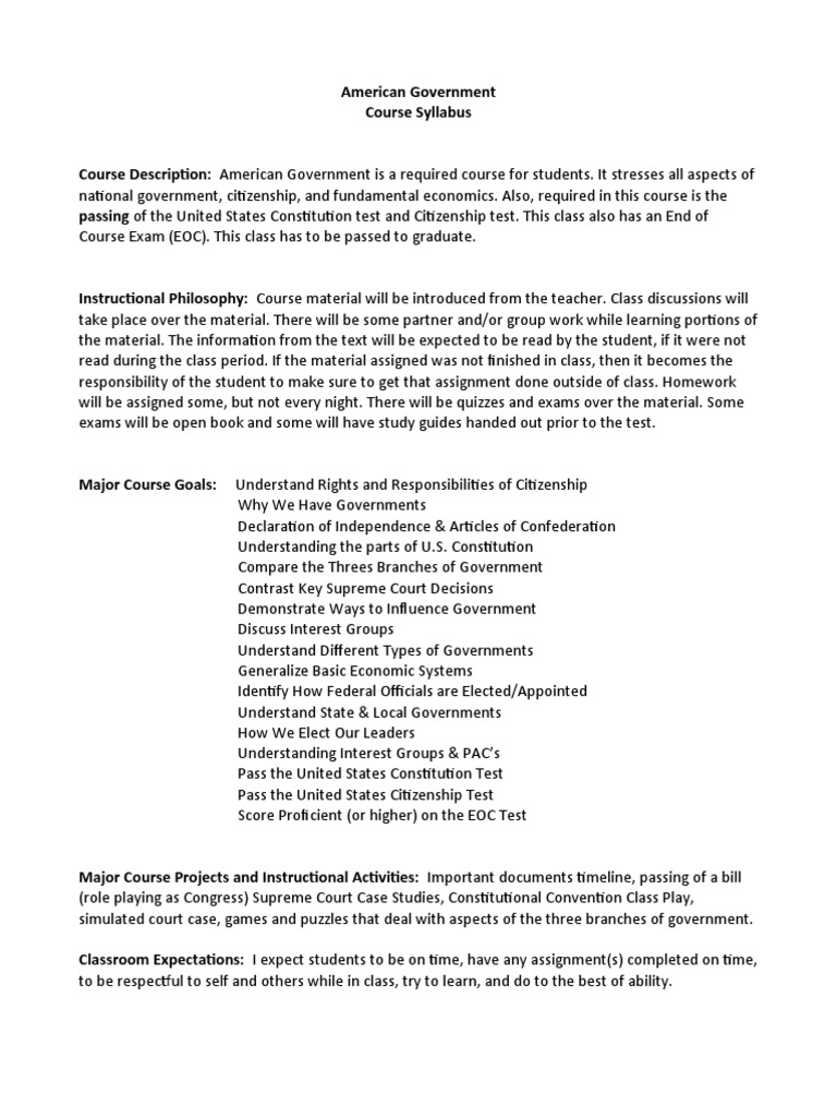 American Government Syllabus | PDF | Test (Assessment) | Homework