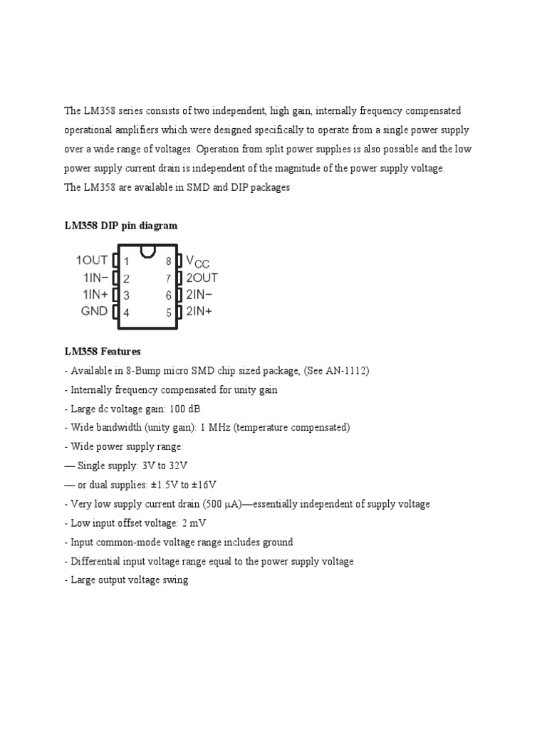 LM358 DIP Pin Diagram | PDF | Operational Amplifier | Power Supply