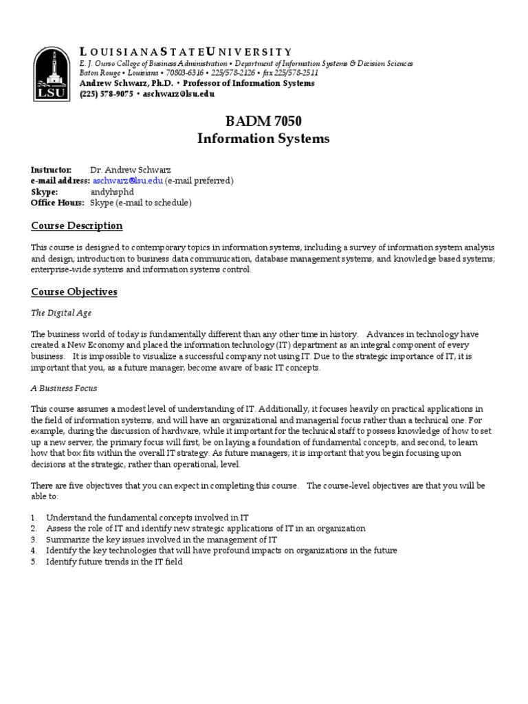 Managing Information Systems: Syllabus for BADM 7050 Course at ...