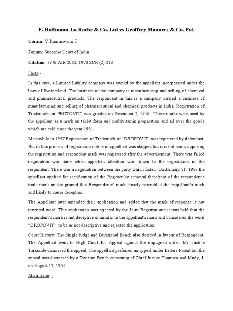 F. Hoffmann-La Roche & Co. LTD Vs Geoffrey Manners & Co. PVT | PDF ...