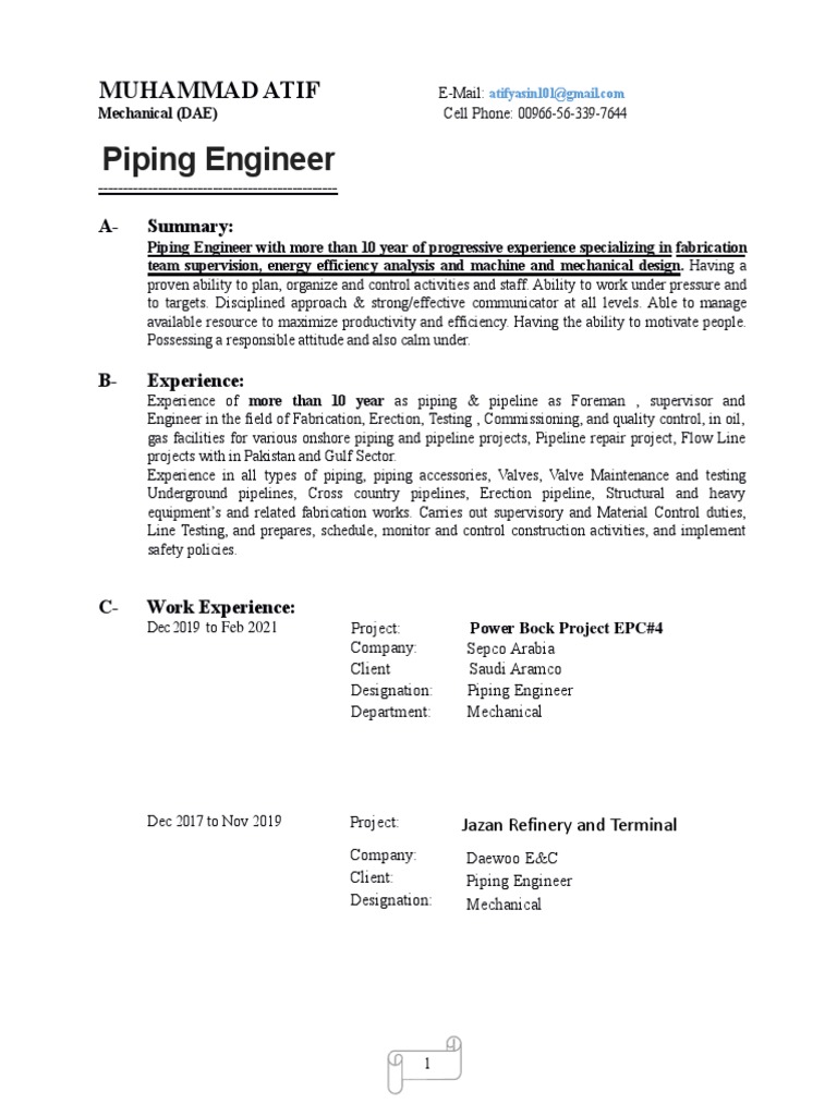 ATIF Yasin CV Piping Engineer | PDF | Pipeline Transport | Pipe (Fluid ...