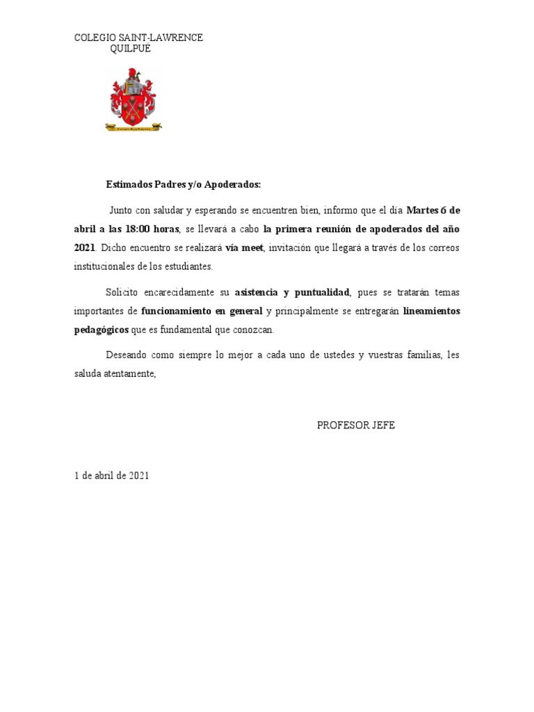 Citación A Reunión de Apoderados | PDF