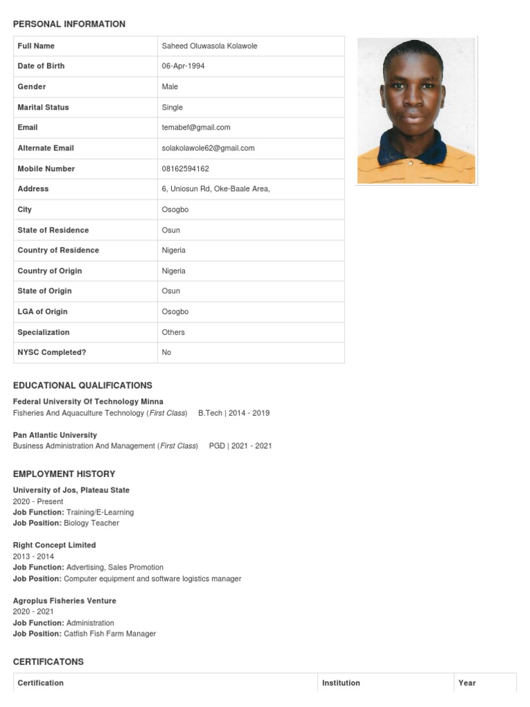 Personal Profile of Saheed Kolawole | PDF