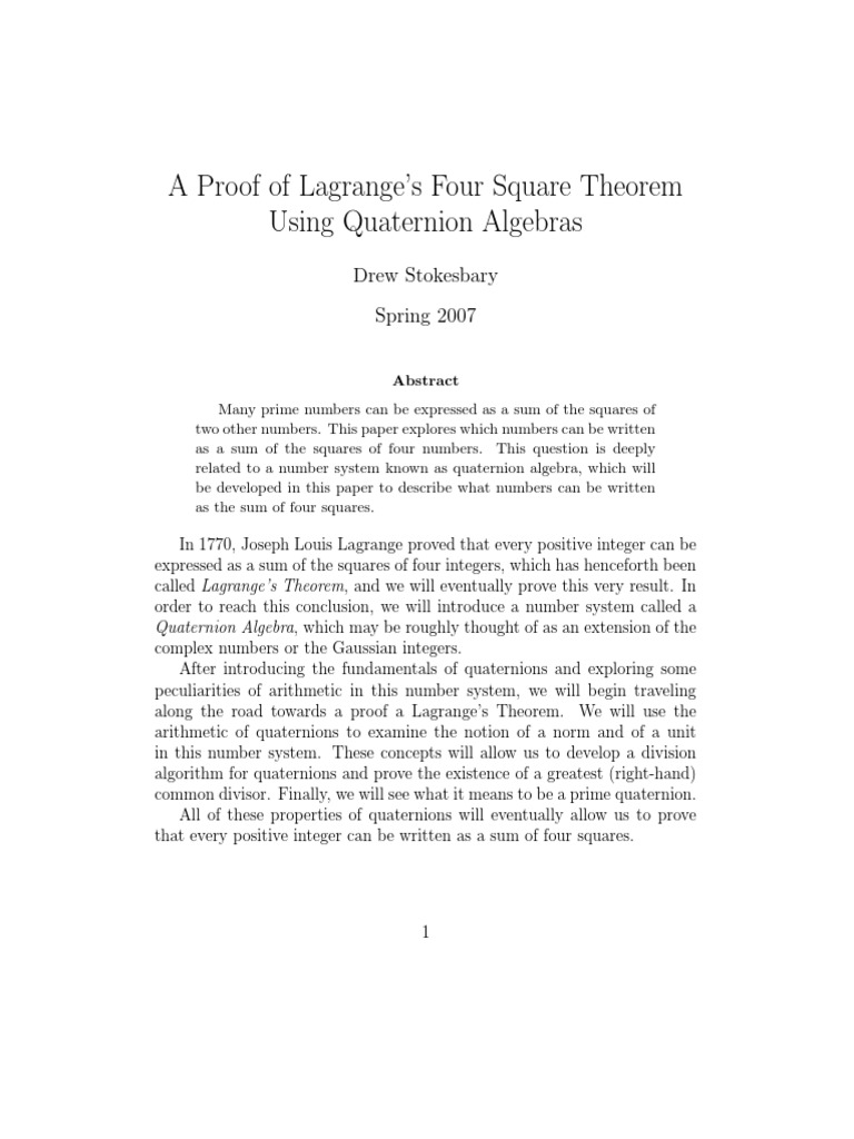 Quaternion Algebra Proof of Lagrange's Four Square Theorem | PDF ...