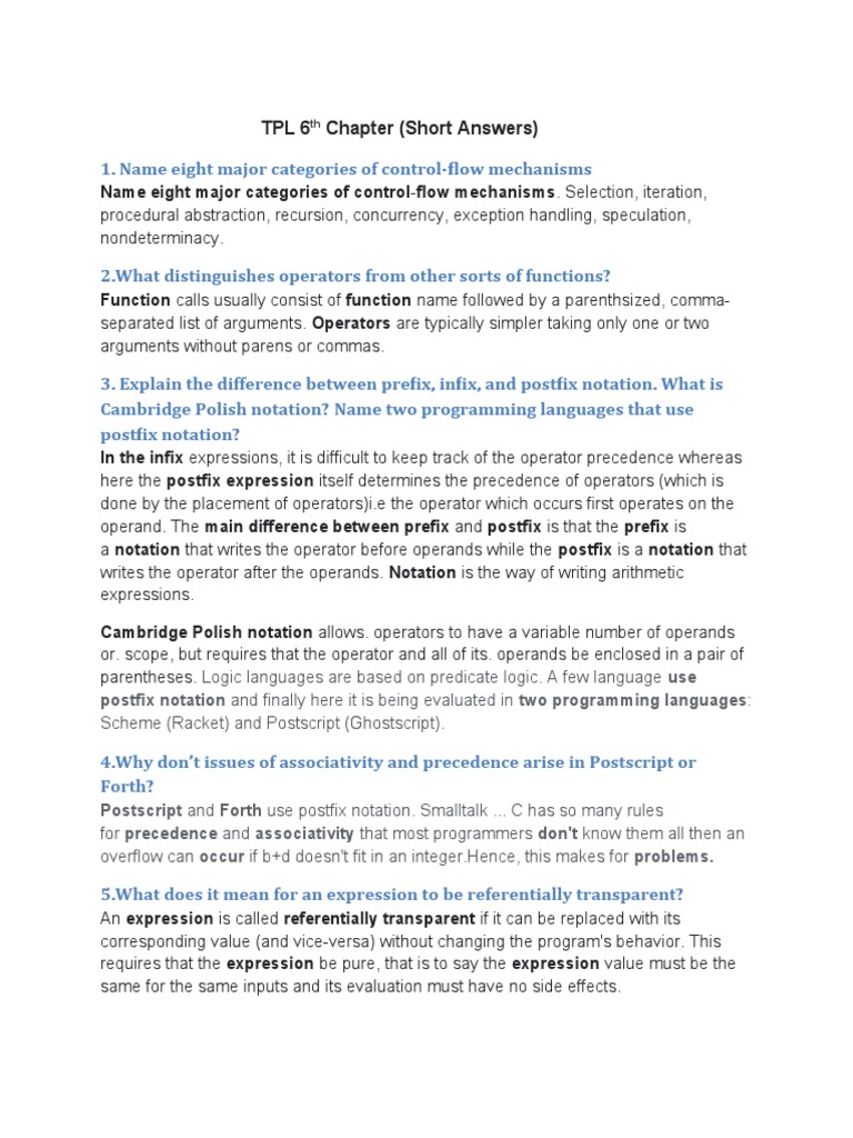 TPL 6 Chapter (Short Answers) : Use Postfix Notation Two Programming Languages | PDF | Control ...