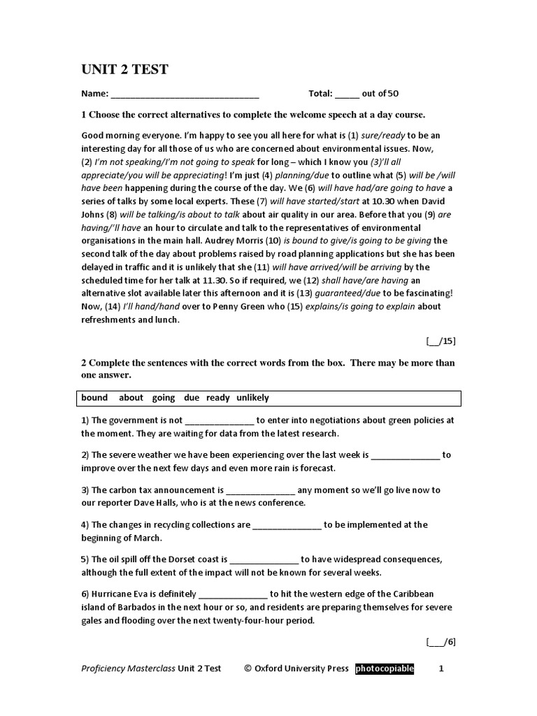 Proficiency Masterclass Unit 2 Test | PDF | Natural Environment