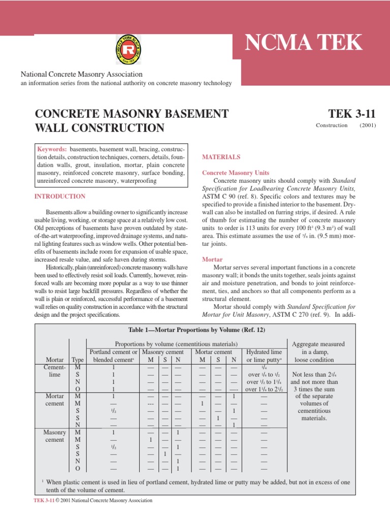 Ncma Tek: Concrete Masonry Basement Wall Construction TEK 3-11 | PDF | Masonry | Mortar (Masonry)