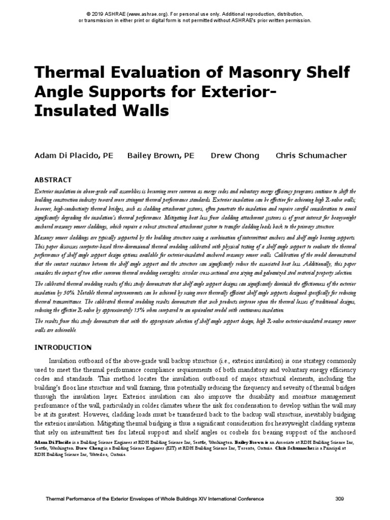 ASHRAE 2019 Thermal Evaluation of Masonry Shelf Angle Supports | PDF ...