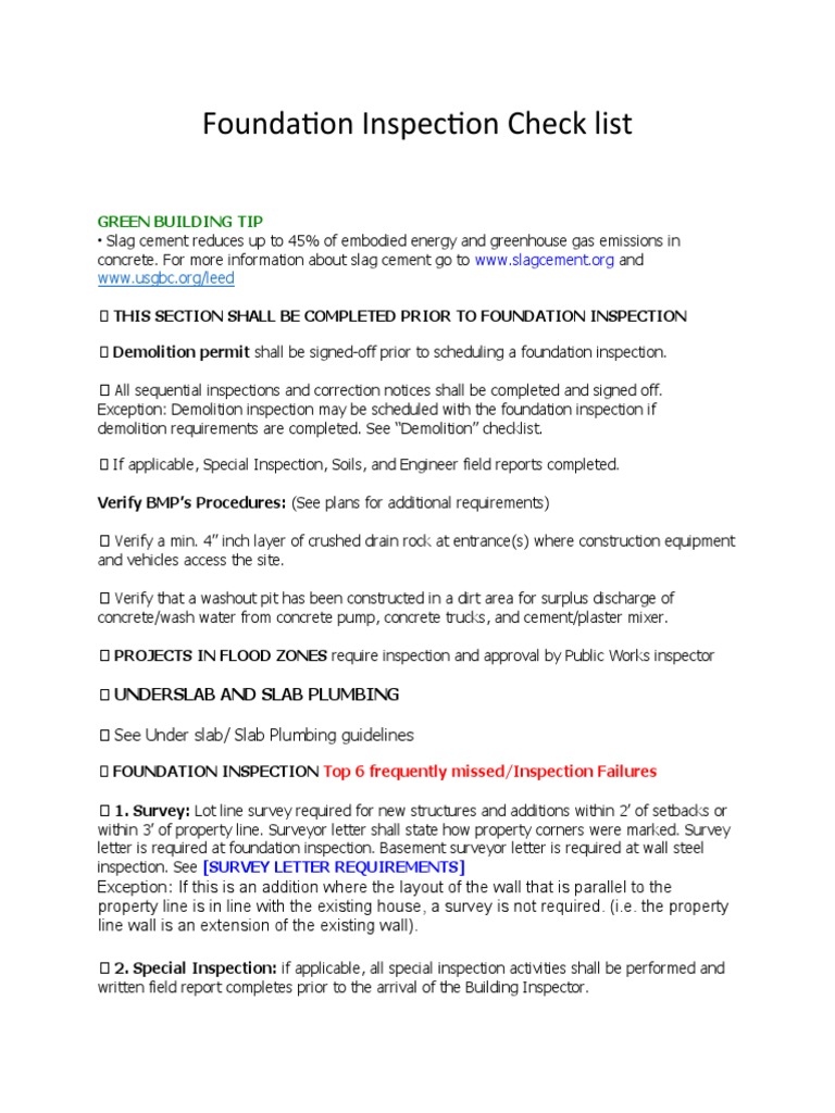 Foundation Inspection Check List | PDF | Concrete | Foundation ...