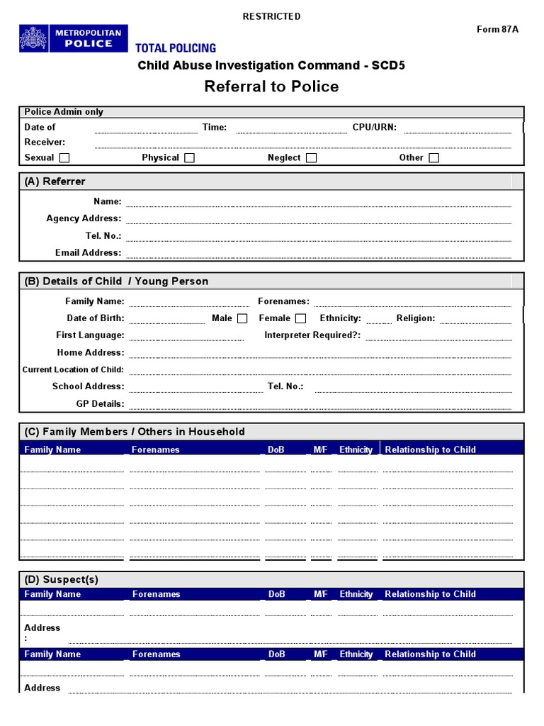 Domestic Violence Police Report Forms Form 87a Referral To Police