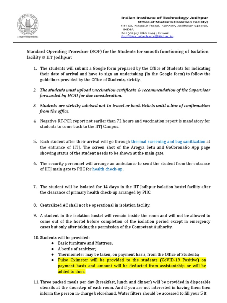 SOP For Returning To IITJ Campus - 16.07.2021 | PDF | Emergency ...