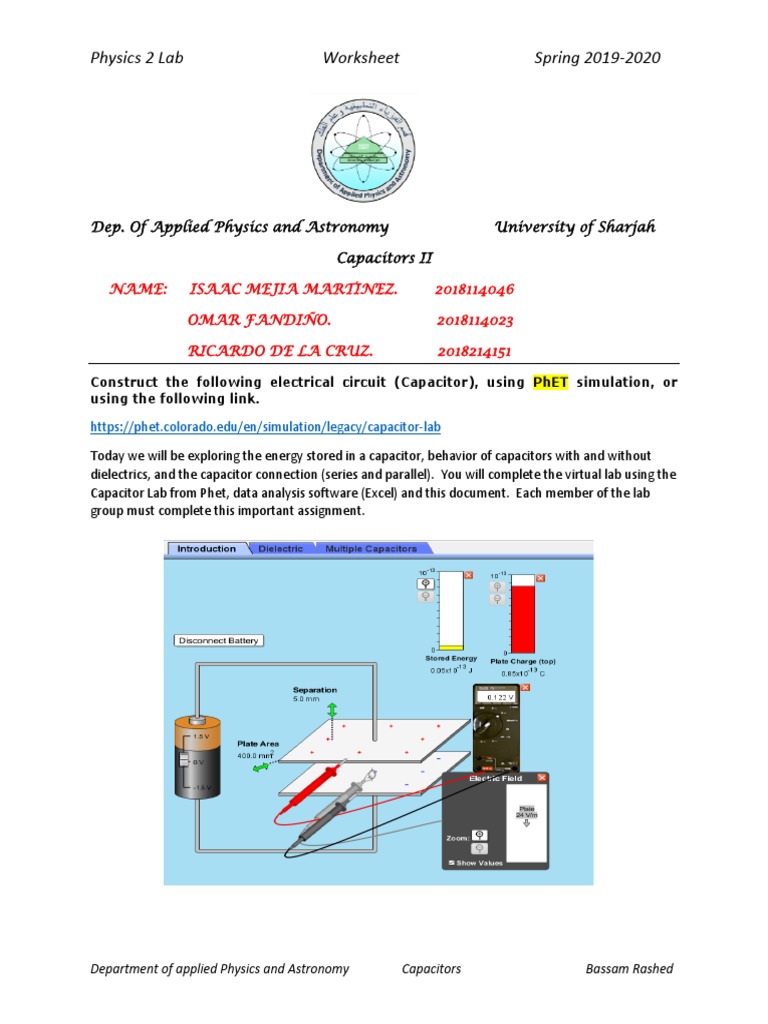 Physics 2 Lab Worksheet Spring 2019-2020 | PDF | Capacitor | Voltage