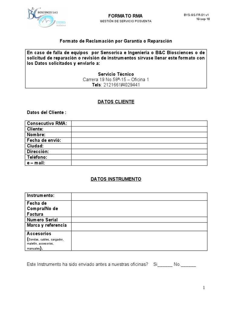 BYS-GS-FR-01 v1 Formato RMA - Laboratorio | PDF | Informática