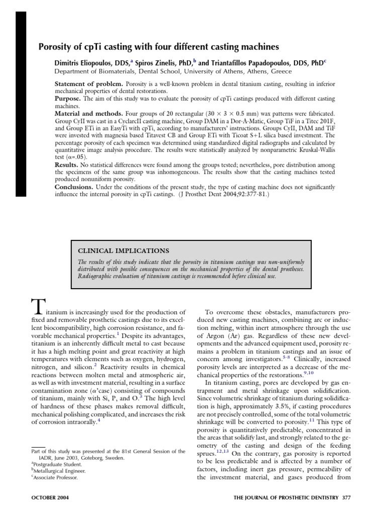 (Eliopoulos 2004) Porosity of CpTi Casting With Four Different Casting ...