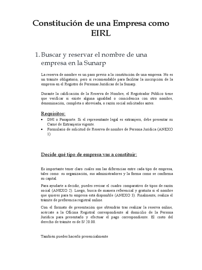 Constitucion de Una Empresa Como Eirl | PDF