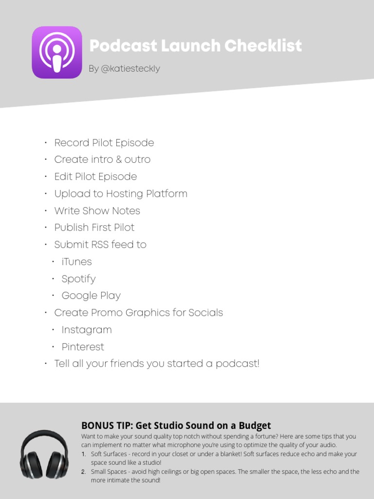 Podcast Launch Checklist: by @katiesteckly | PDF