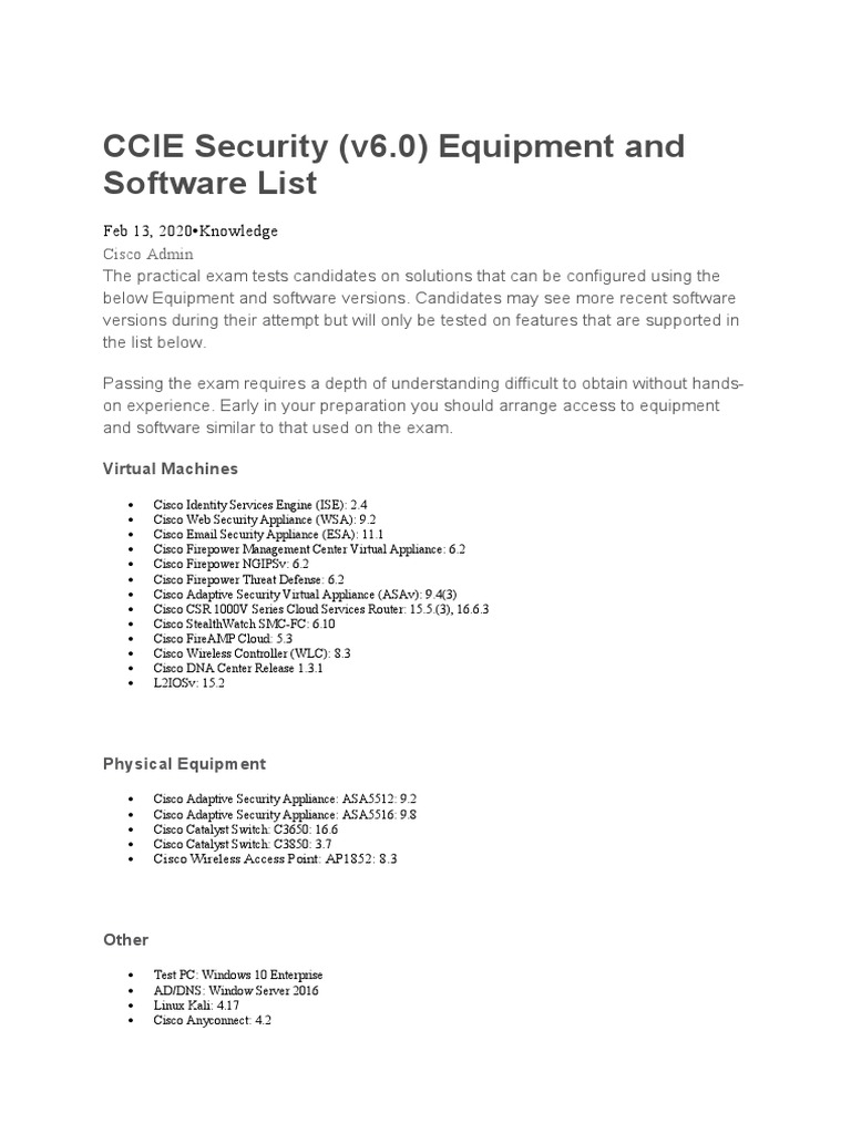 CCIE Security (v6.0) Equipment and Software List: Feb 13, 2020 ...