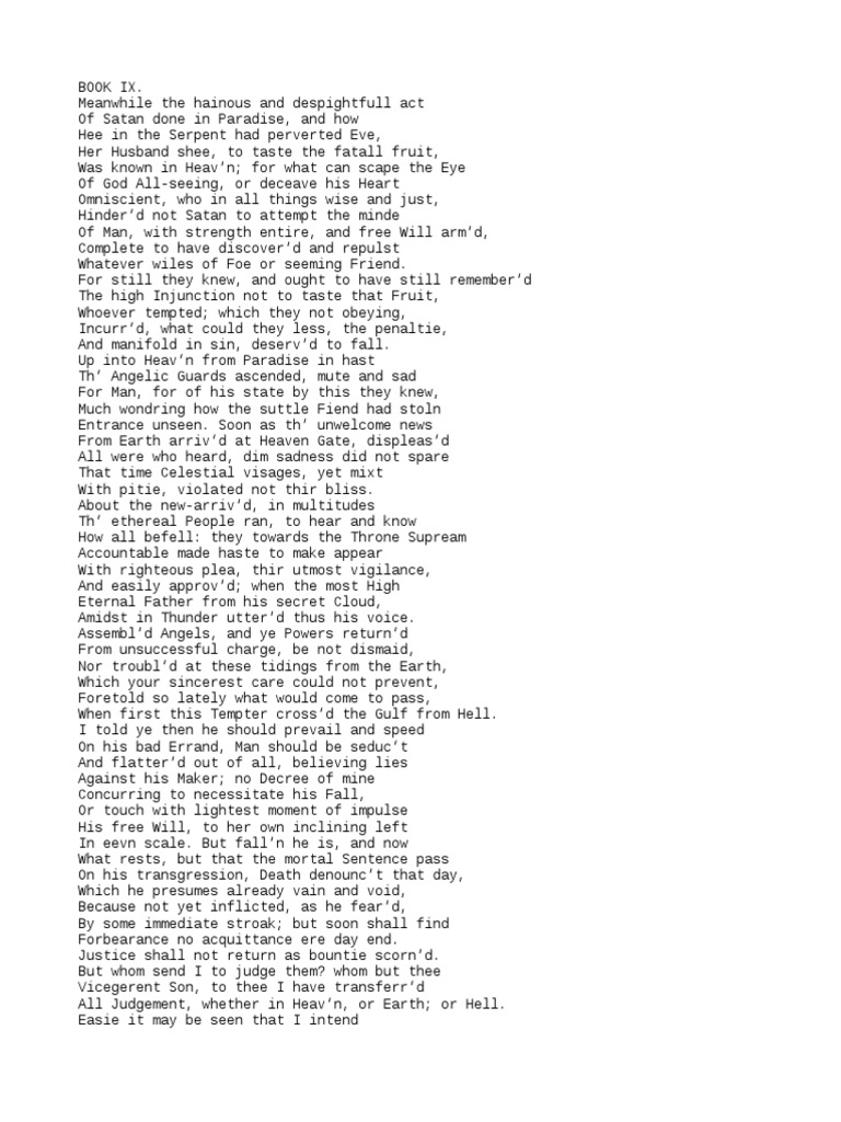 Paradise Lost Book 9 | PDF | Adam | Serpents In The Bible