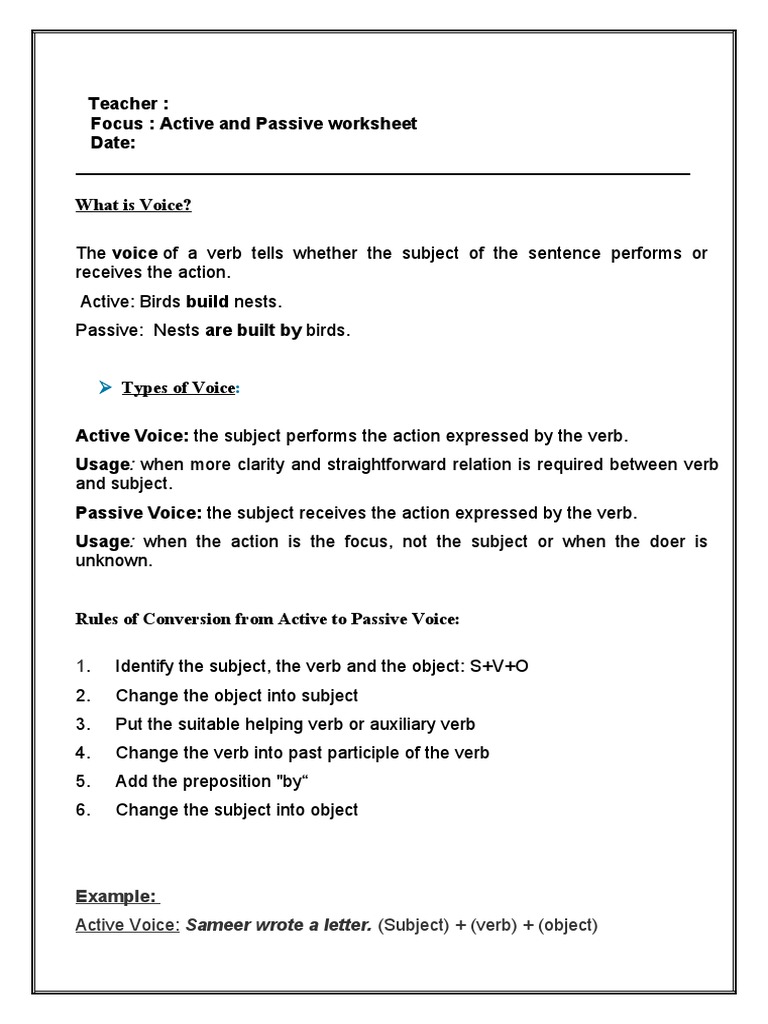 Active and Passive Worksheet | PDF | Verb | Subject (Grammar)