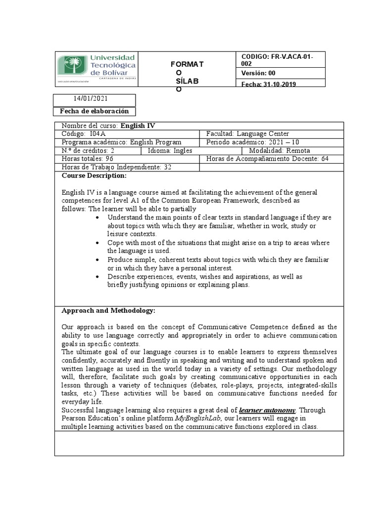 English IV Syllabus 2021-10 | PDF | Learning | Cognition
