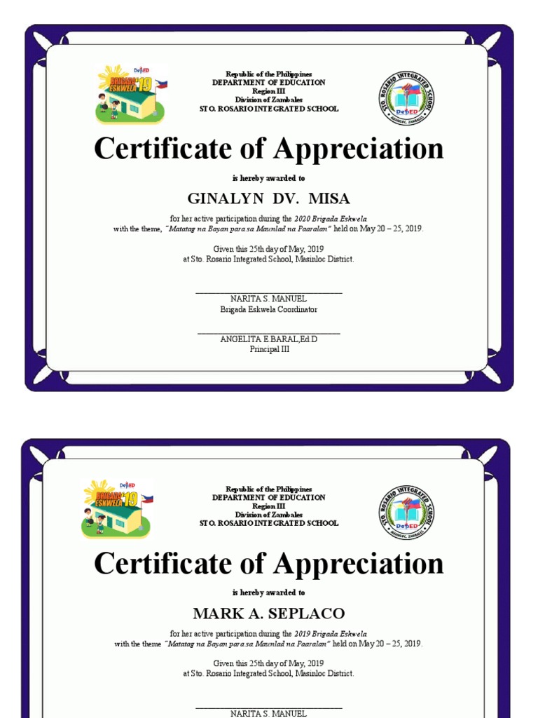 Certificate of Appreciation: Ginalyn Dv. Misa | PDF