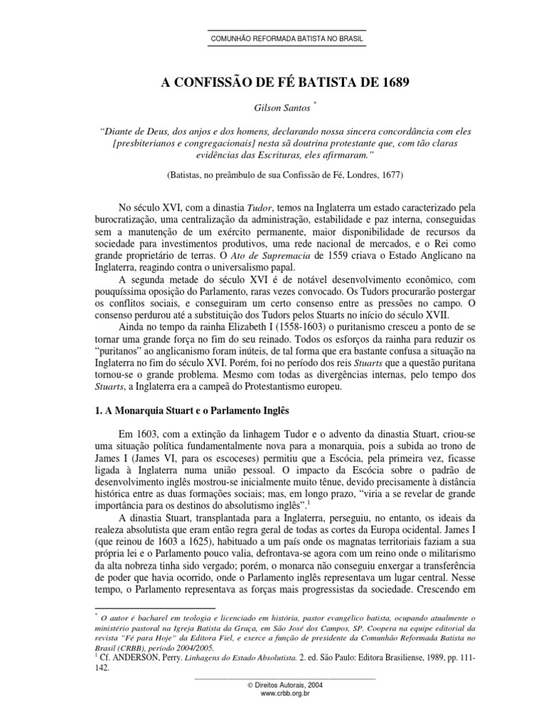 Confissão de Fé Batista de 1689 | PDF | Igrejas congregacionais | Puritanos